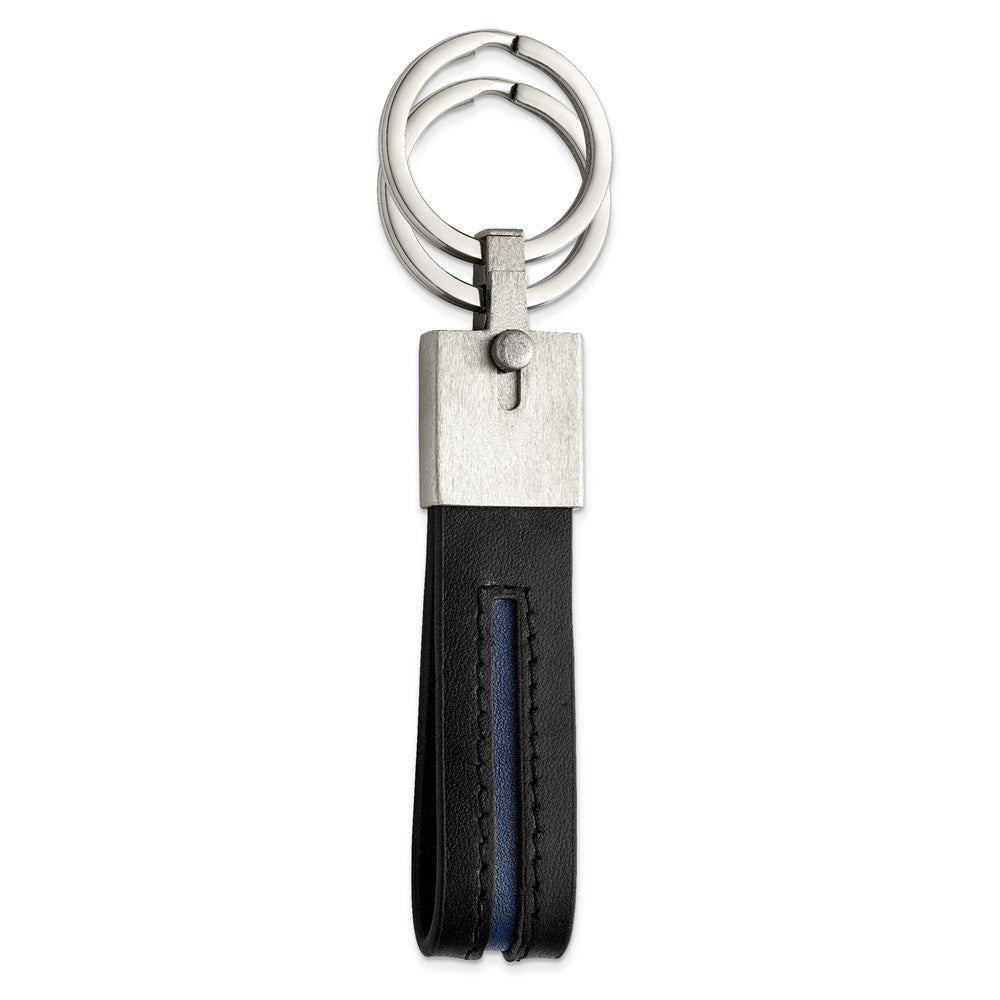 Stainless Steel & Blue/Black Leather Removable Double Ring Key Chain ...
