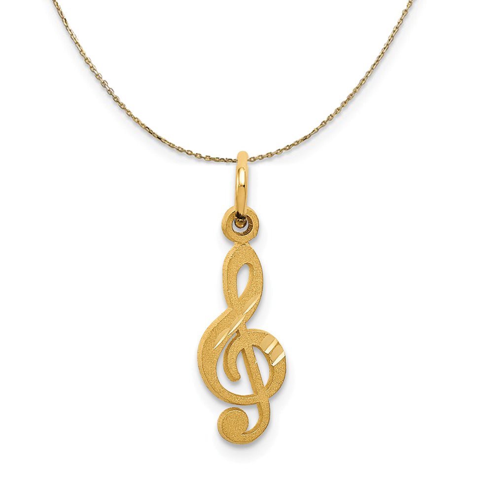 14k Yellow Gold Satin and Diamond Cut Treble Clef Necklace - 22 Inch ...