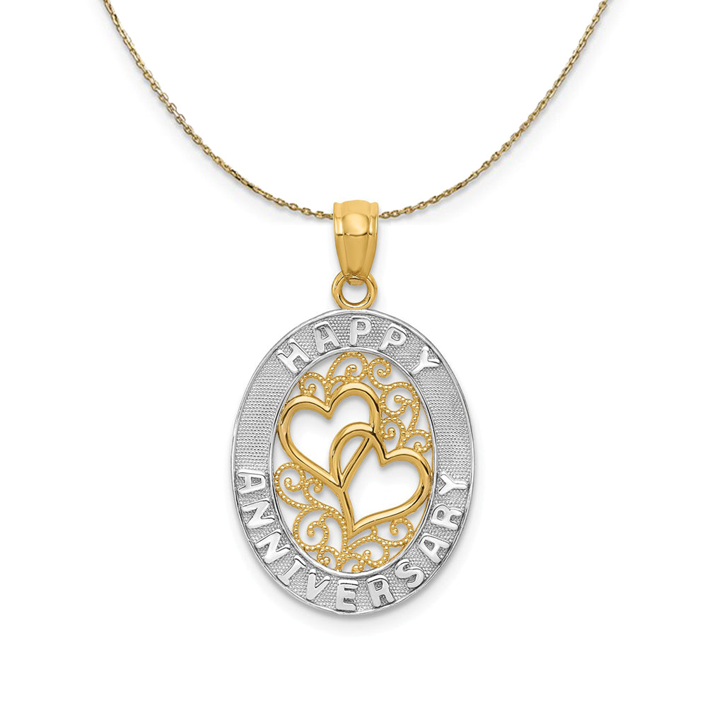 14k Yellow Gold and Rhodium Oval Happy Anniversary Necklace - 16 Inch ...