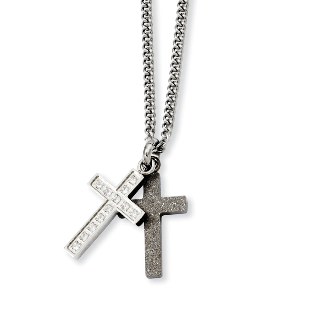 Stainless Steel Laser-cut and CZ Double Cross Necklace - 20 Inch ...